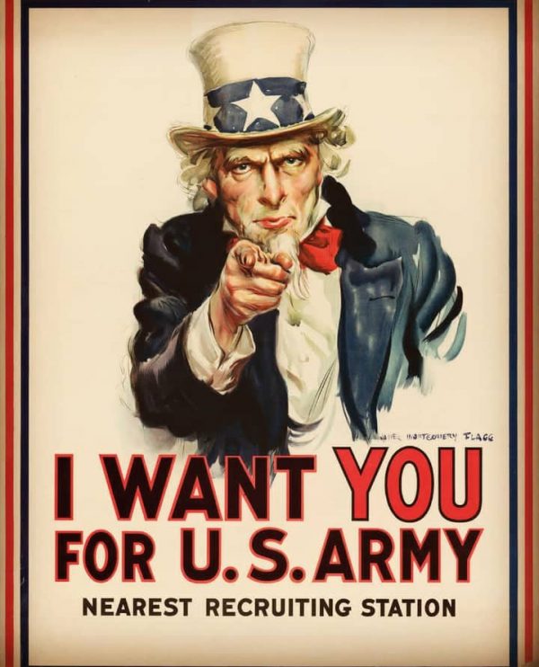 پوستر معروف عمو سام. مدل پوستر عمو سام معاصر، خود جیمز مونتگومری فلاگ بود.